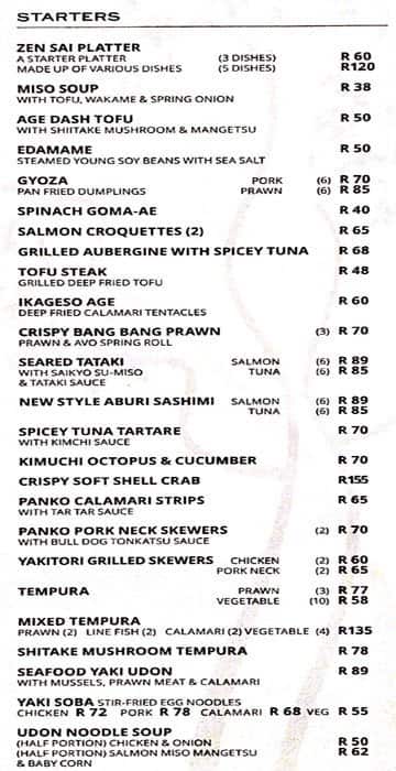 Menu at Izakaya Matsuri restaurant, Cape Town