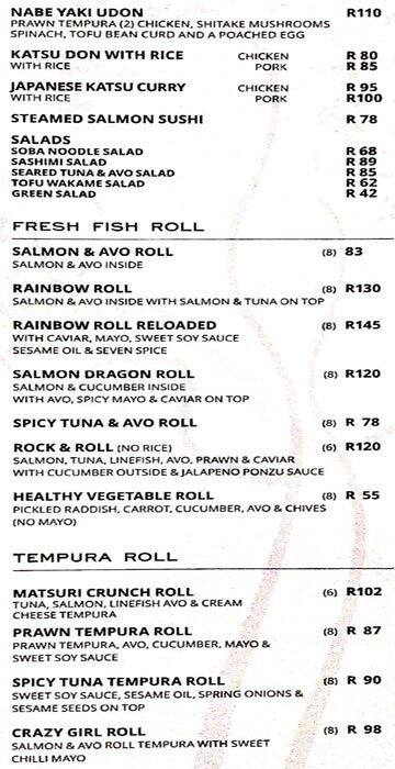 Menu at Izakaya Matsuri restaurant, Cape Town