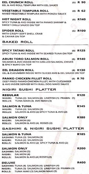 Menu at Izakaya Matsuri restaurant, Cape Town