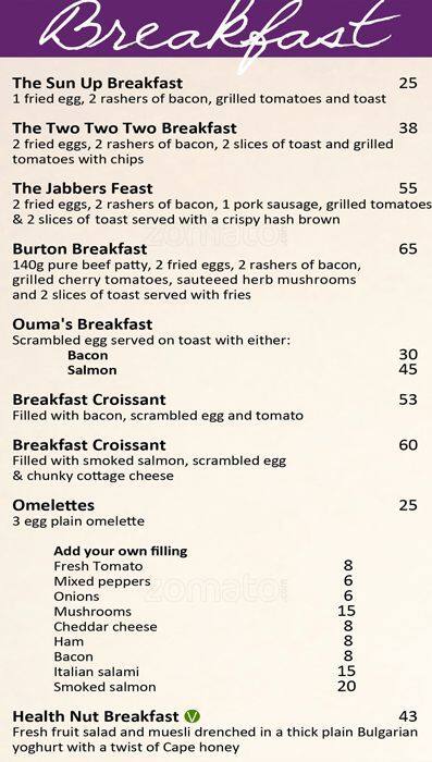 Speisekarte von Jabbers On Burton restaurant, Kapstadt