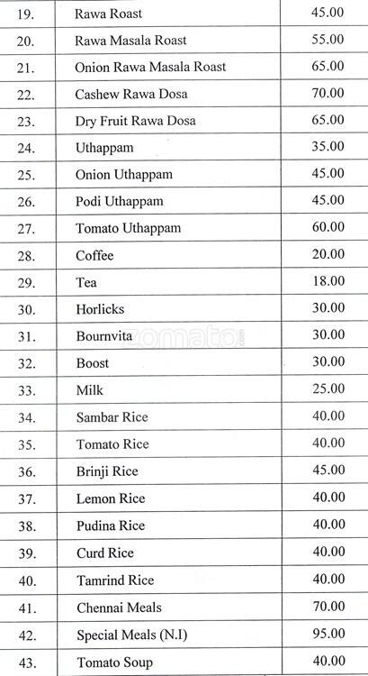 Menu at New Virudhunagar Mess, Chennai