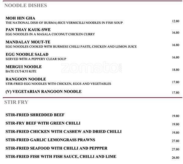 Menu at Burmese House restaurant, Richmond, 303 Bridge Rd