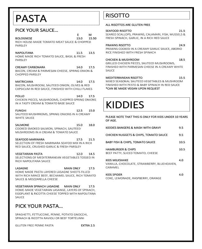 Menu at Cafe Mambo, Sunshine