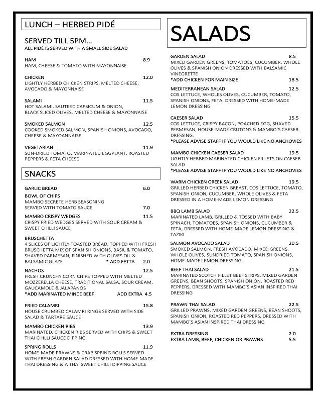 Menu at Cafe Mambo, Sunshine