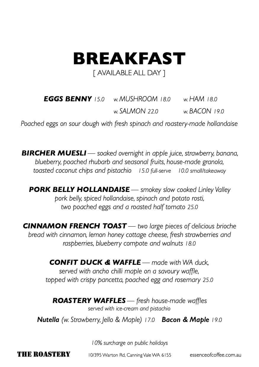 Menu at The Roastery cafe, Canning Vale, 10/395 Warton Rd