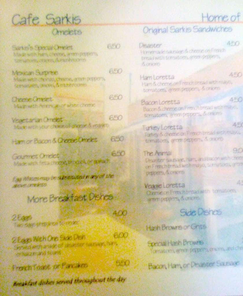 Menu at Sarkis Cafe, Evanston, Gross Point Rd