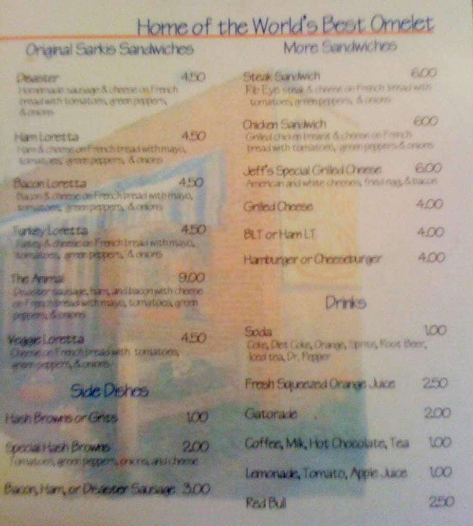 Menu at Sarkis Cafe, Evanston, Gross Point Rd