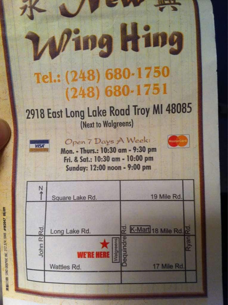 Menu at Wing Hing restaurant, Troy, E Long Lake Rd