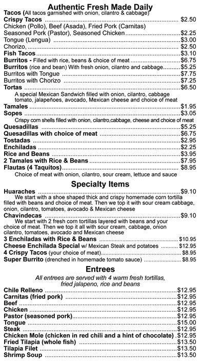 Menu at Sanchez Taqueria Y Panaderia restaurant, Tigard