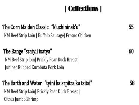 Menu at Corn Maiden steakhouse, Bernalillo, Tuyuna Trail