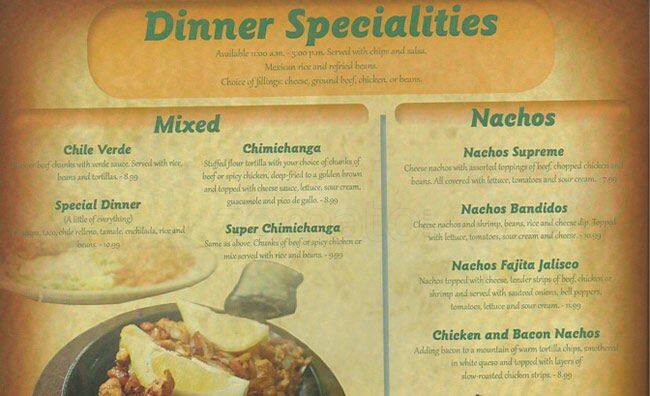 Menu at Fiesta Mexico restaurant, Nicholasville