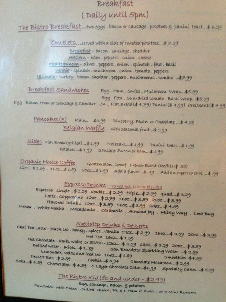 Menu at Bistro 150 restaurant, Oak Ridge
