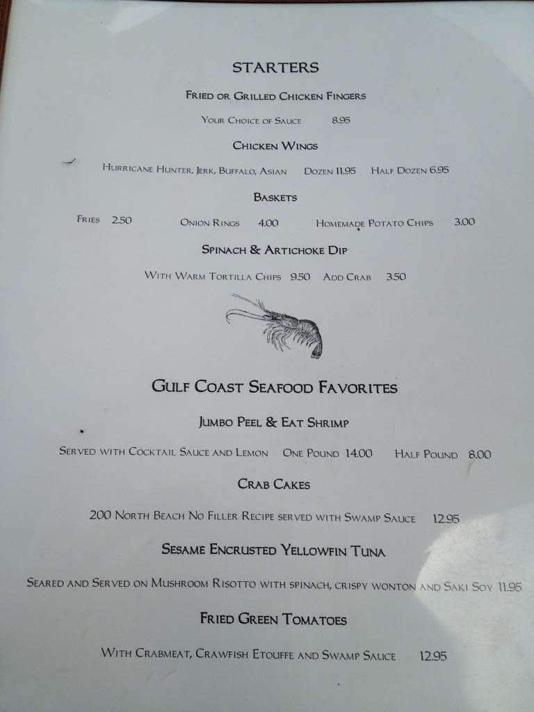 Menu at 200 North Beach restaurant, Bay Saint Louis