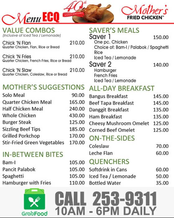 Menu at Mother's Fried Chicken, Cebu City, 2