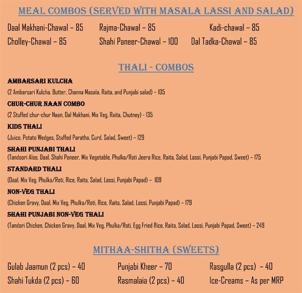 Menu at Punjabi Handi, Bengaluru