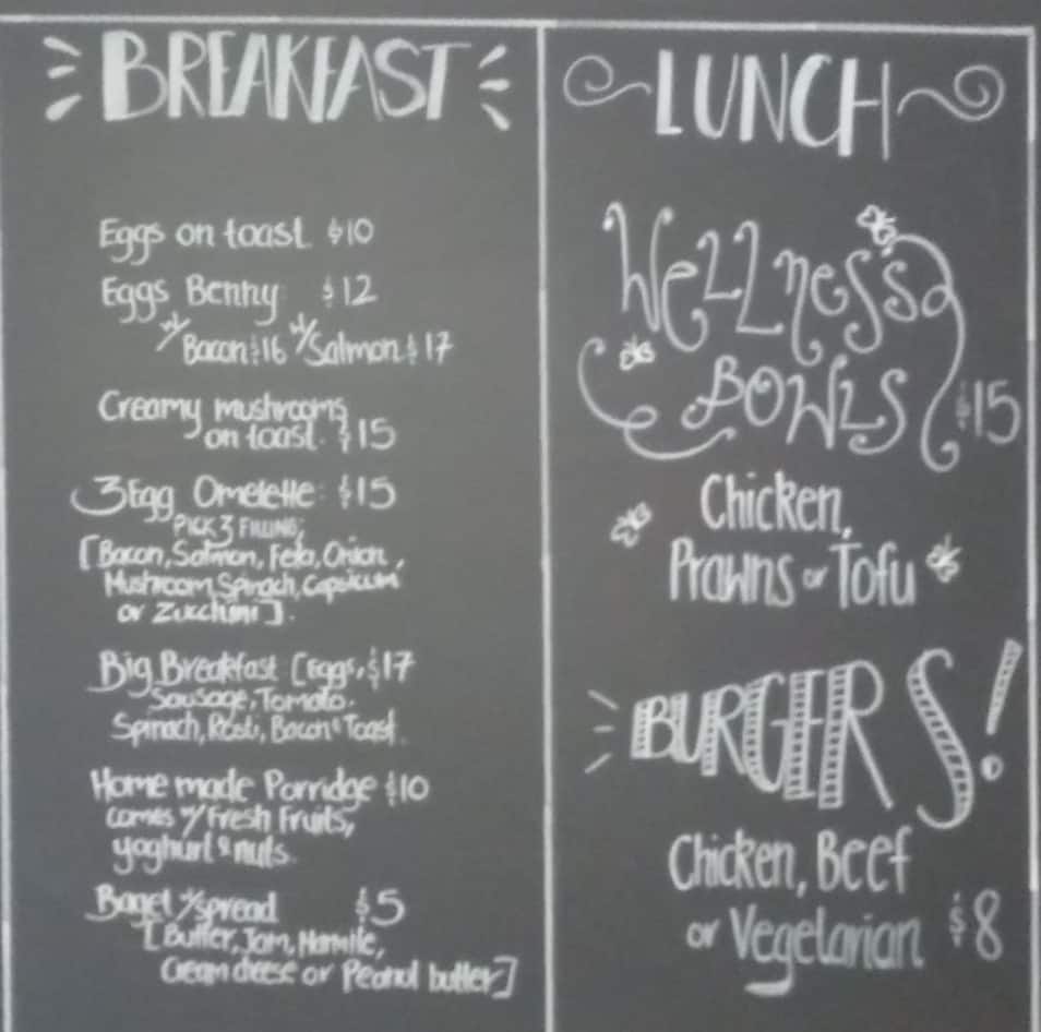 Menu at Wellness cafe, Auckland
