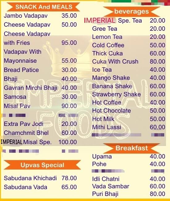 Menu of Imperial Foods, Shivane, Pune
