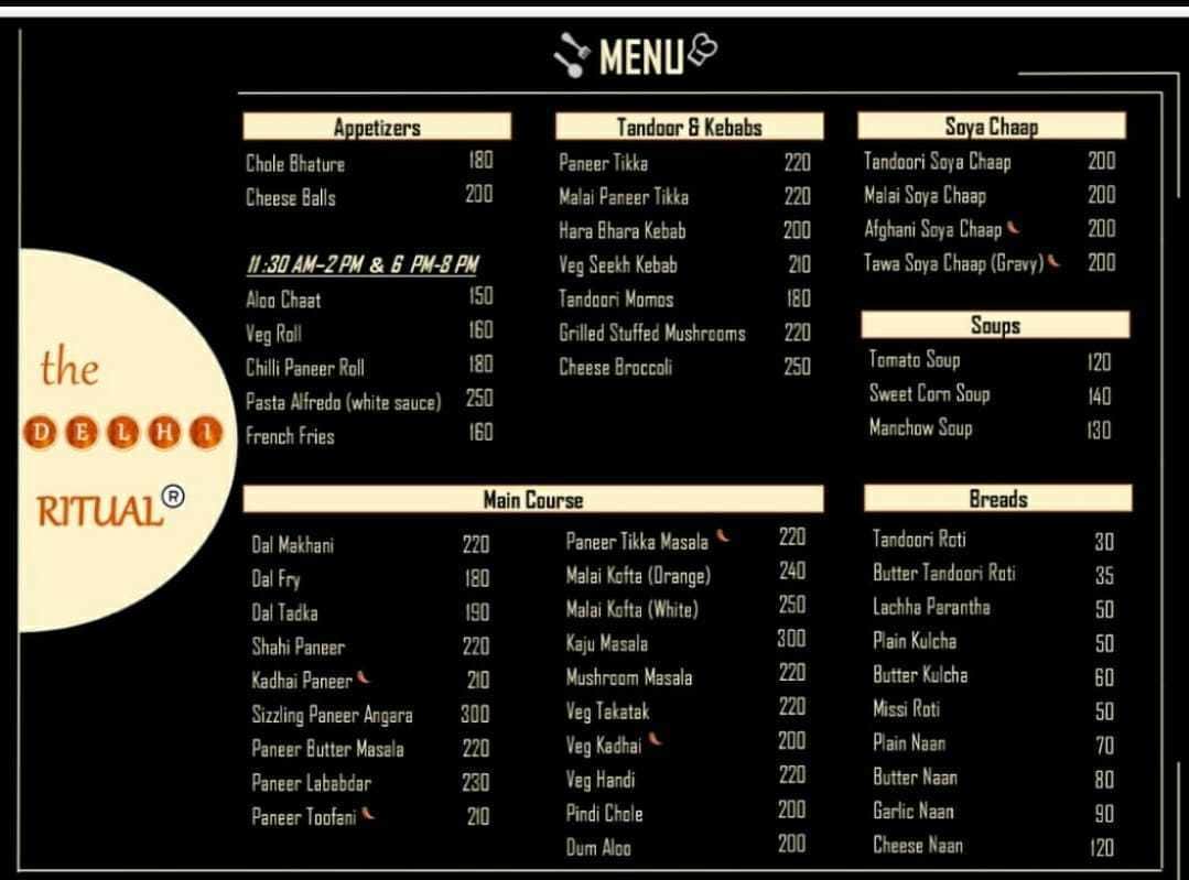 Menu of The Delhi Ritual, Rajajinagar, Bangalore