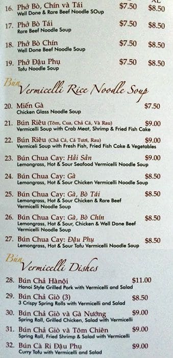 Menu at Pho Rang Dong restaurant, Toronto