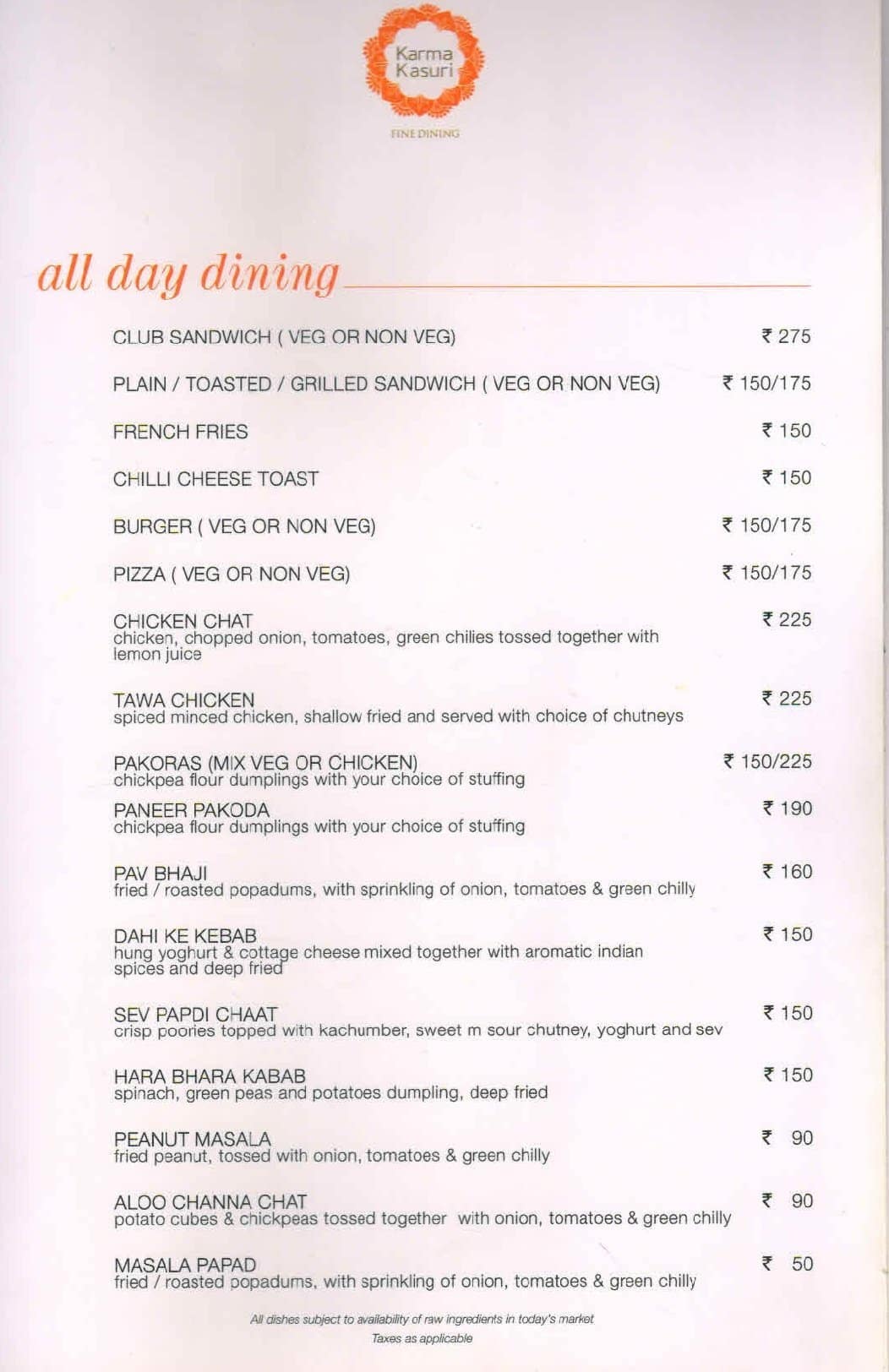 Menu of Karma Kasuri, Brahmpuri, Jaipur