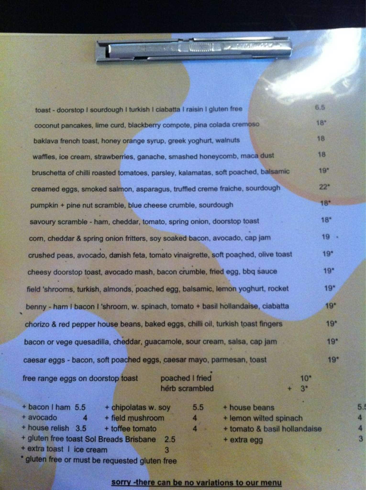 Menu at Betty Blue & the Lemon Tart restaurant, Townsville, 95 Denham St