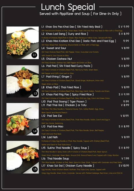 Menu at Bai Bua Thai Cuisine restaurant, Vancouver