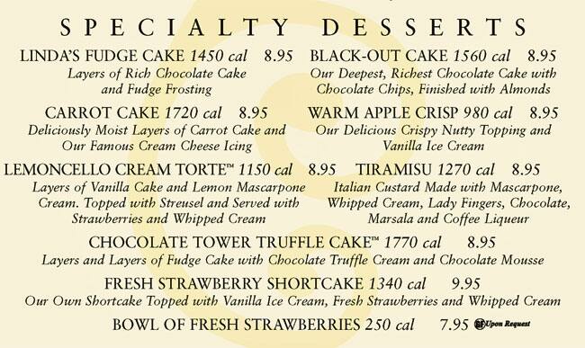 Menu at The Cheesecake Factory desserts, San Mateo