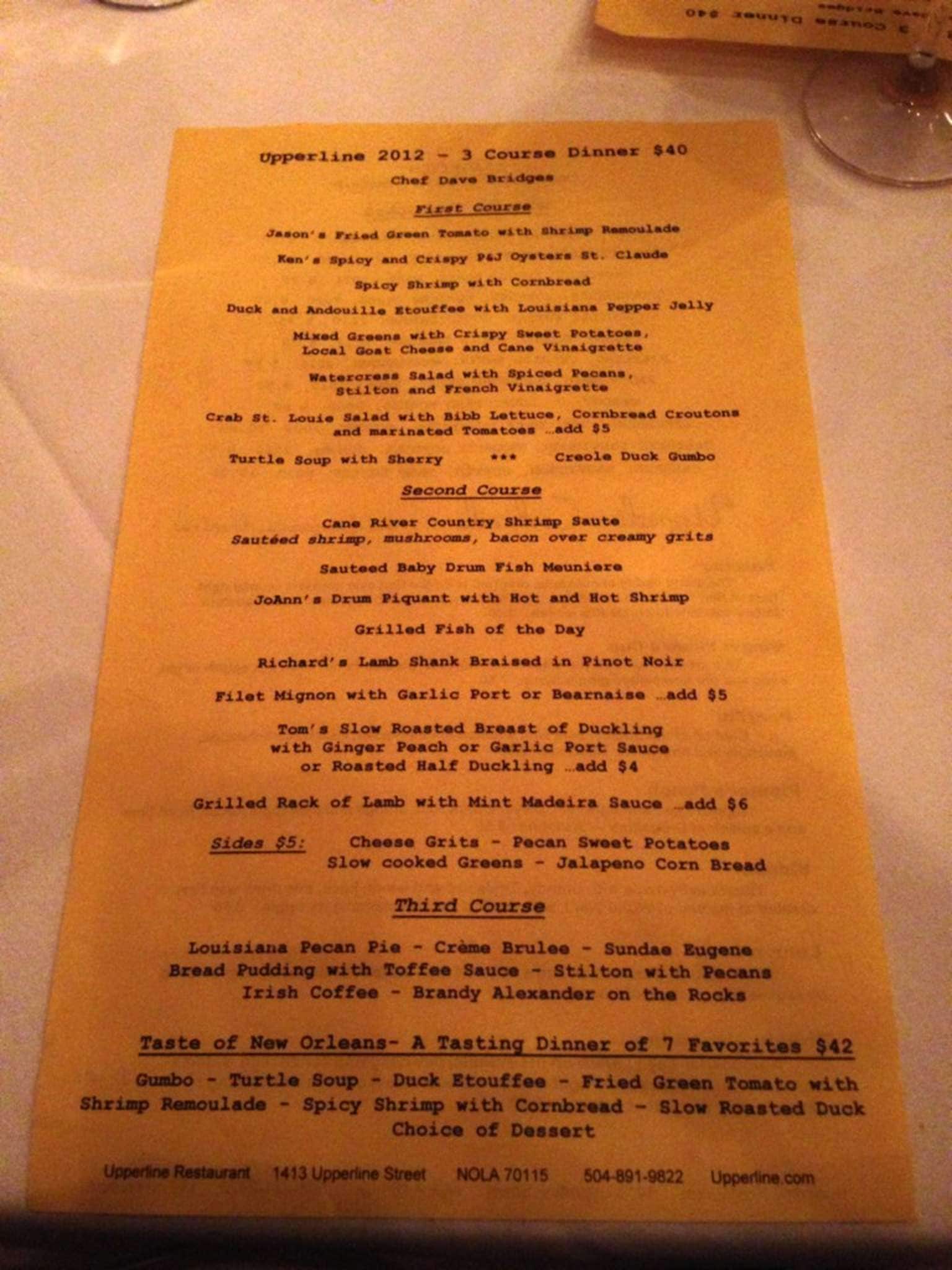 Menu at Upperline restaurant, New Orleans