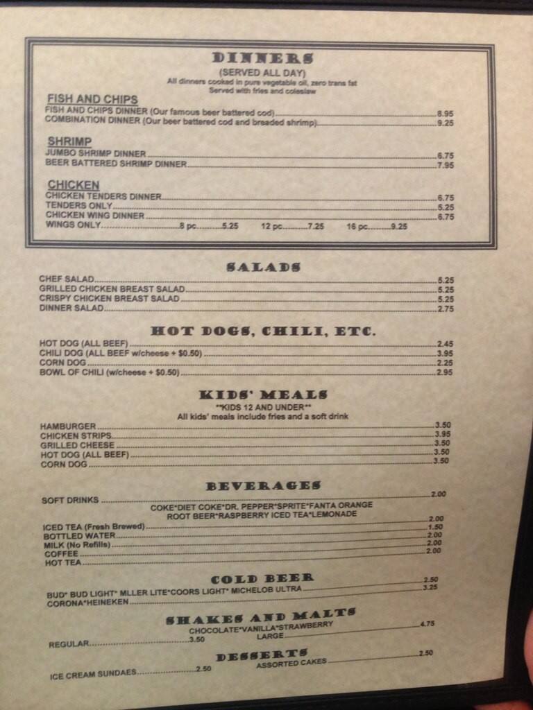 Menu at Pit Stop restaurant, Boulder City