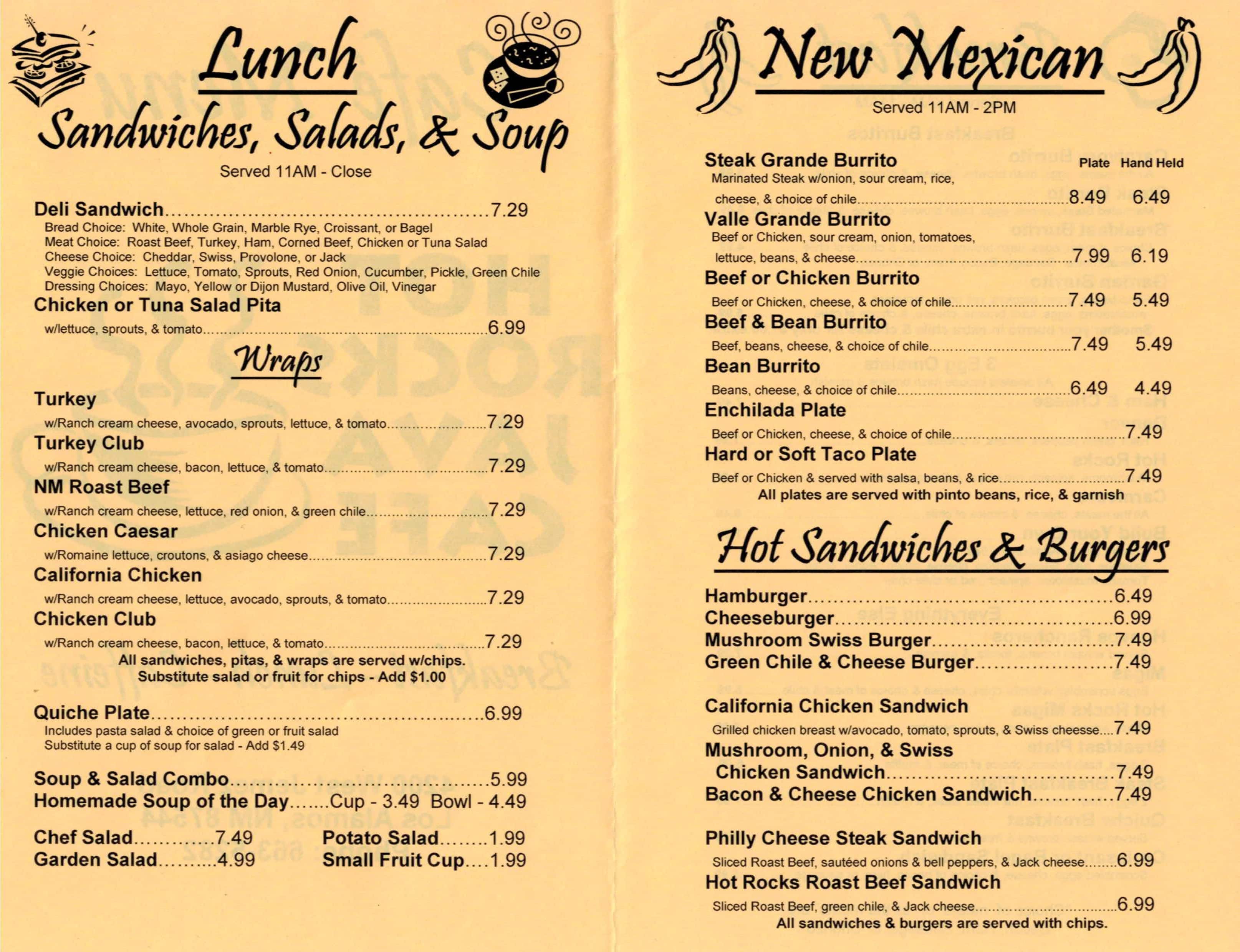 Menu at Hot Rocks Java Cafe, Los Alamos, W Jemez Rd