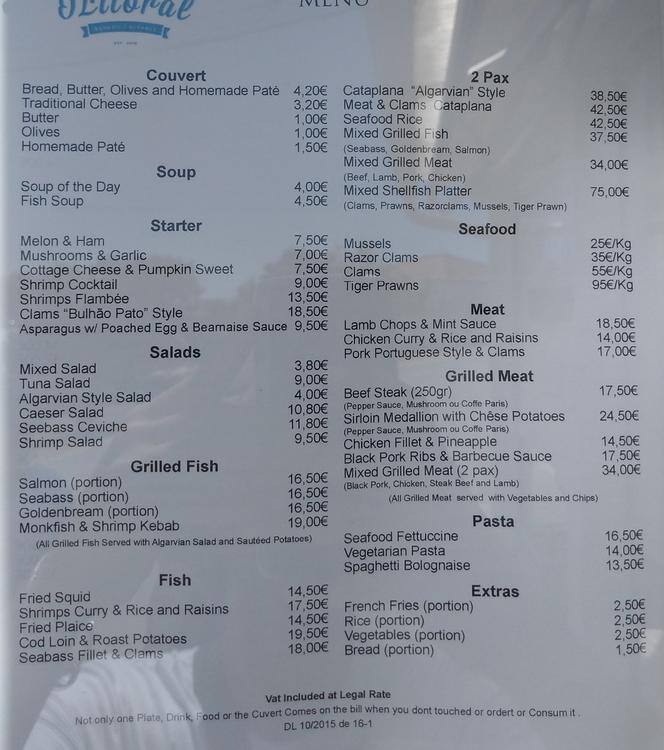 Menu at O Litoral restaurant, Lagoa, Estrada da Praia de Benagil