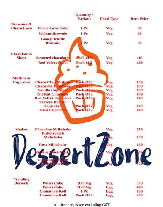 Menu of The Dessert Zone, Chromepet, Chennai