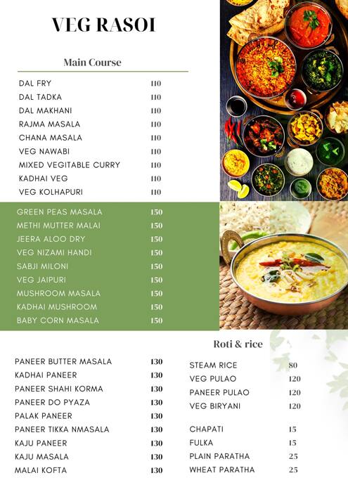 Menu of Veg Rasoi, Lingampally, Hyderabad