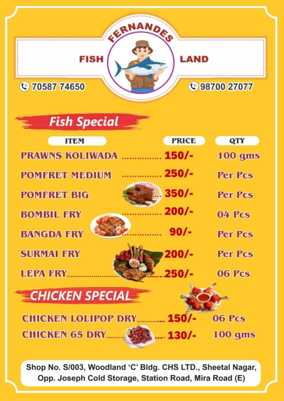Menu of Fernandes Fish Land, Mira Road, Mumbai