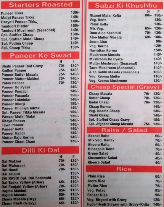 Sai Rasoi Menu, Menu for Sai Rasoi, Rajendar Nagar, Ghaziabad - Zomato