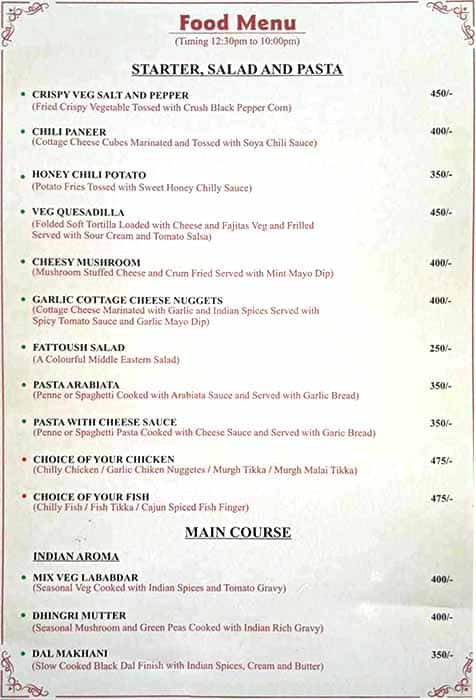 Menu at Seven Hills Tower, Agra