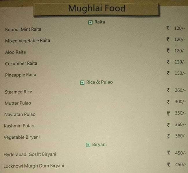 Menu at Seven Hills Tower, Agra