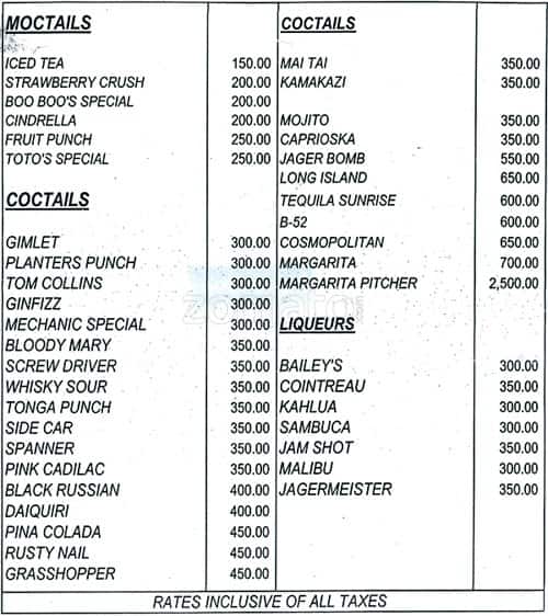 Menu at Toto's Garage, Mumbai