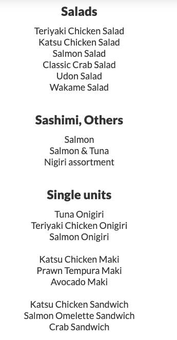 Menu at Smart Sushi Britomart restaurant, Auckland