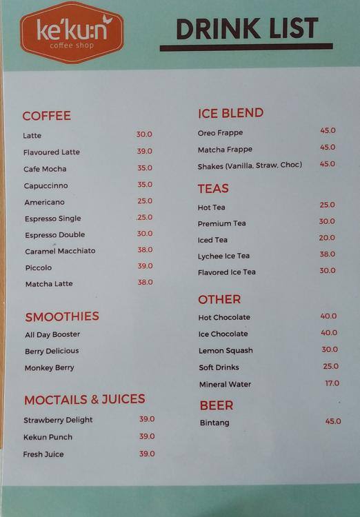 Menu at Ke'Kun cafe, Jakarta, SCBD Energy Building Lantai Mezzanin