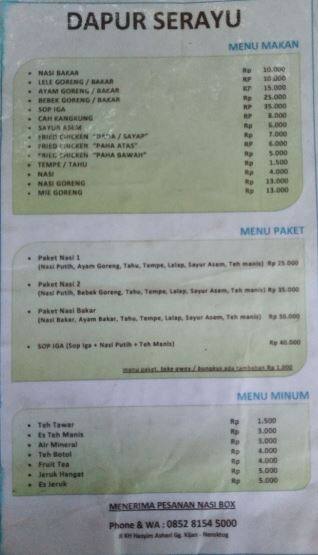 Menu at dapur serayu restaurant, Tangerang