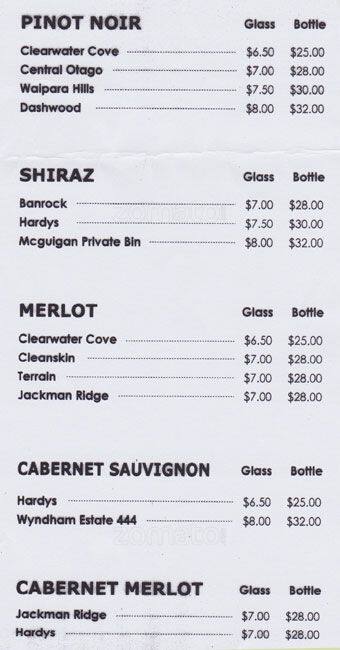 Menu at On The Rocks pizzeria, Christchurch