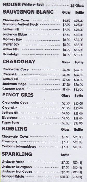 Menu at On The Rocks pizzeria, Christchurch