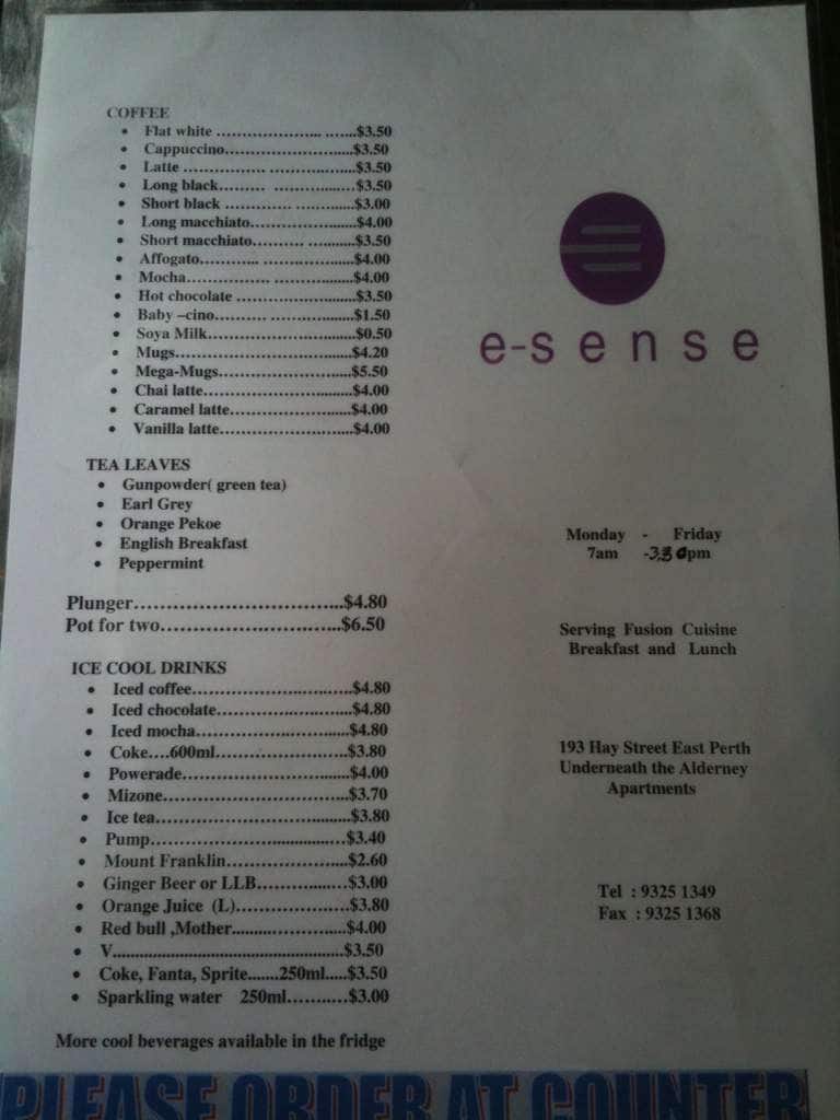Menu at E-Sense cafe, Perth