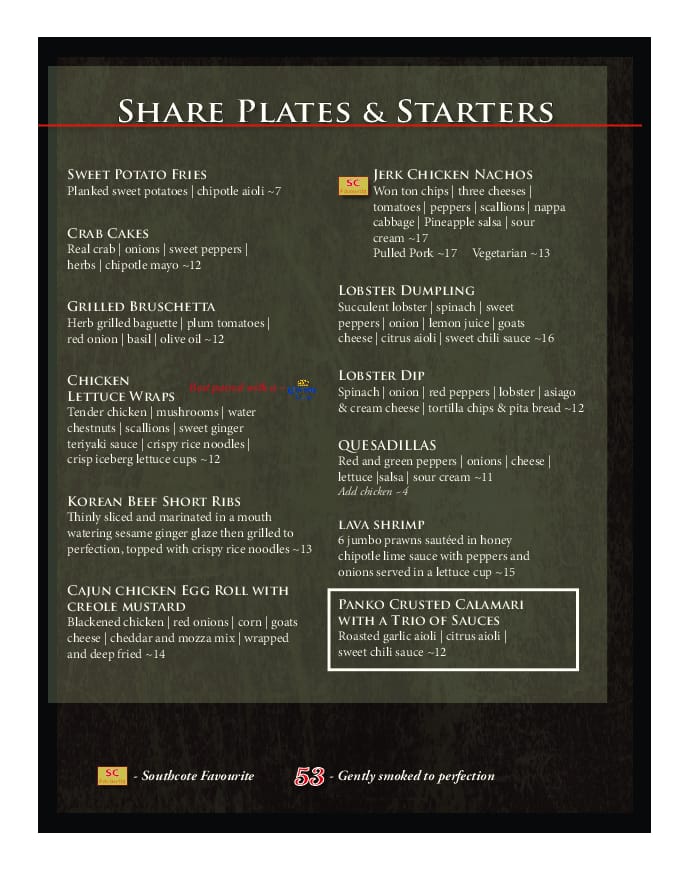 Menu at Southcote 53 Tap and Grill pub & bar, Hamilton