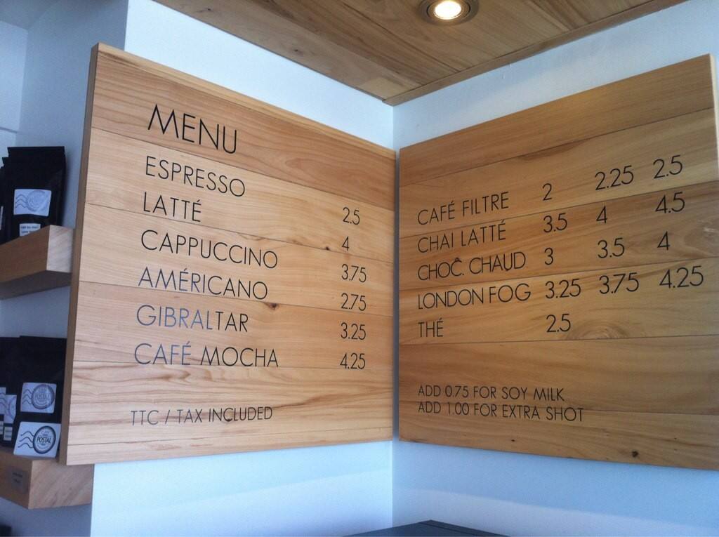 Menu at Café Postal, Winnipeg