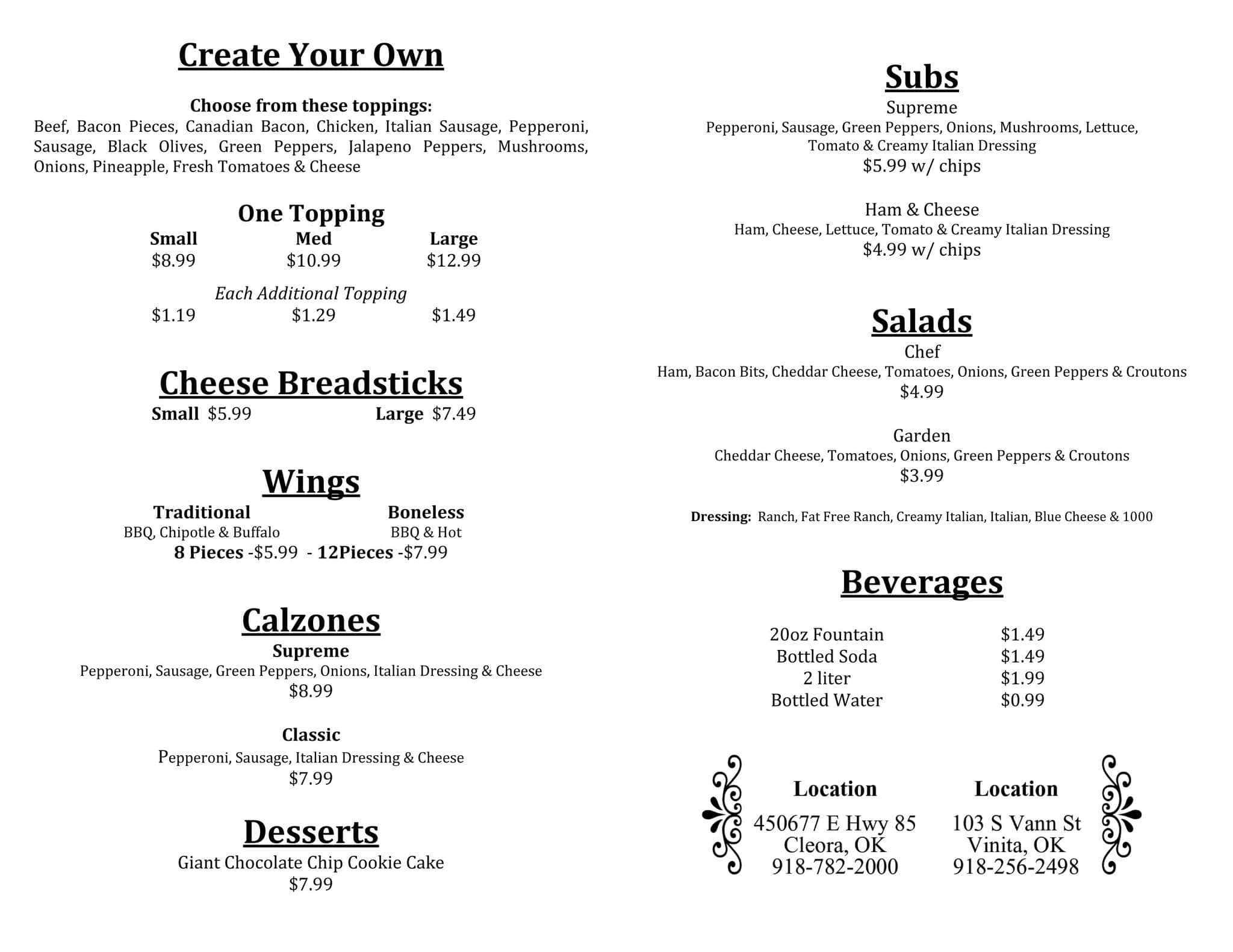Menu at Goodfella's Pizzeria, Coweta, 124 N Broadway