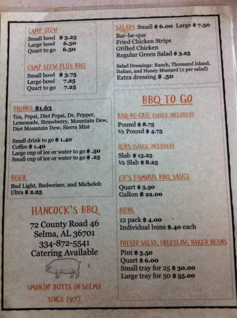Menu at Hancocks Barbeque, Selma