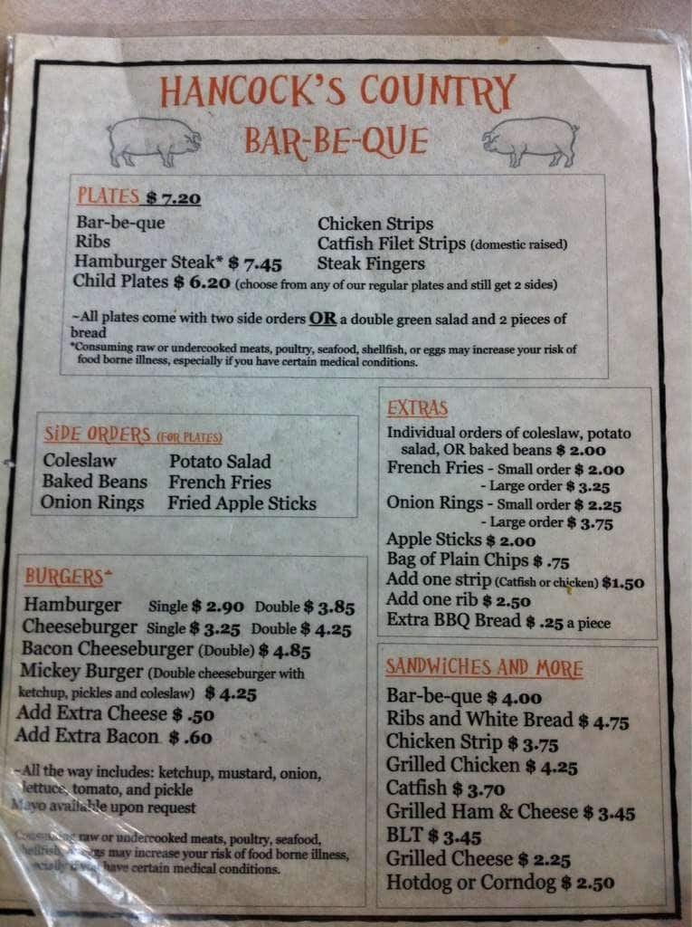 Menu at Hancocks Barbeque, Selma
