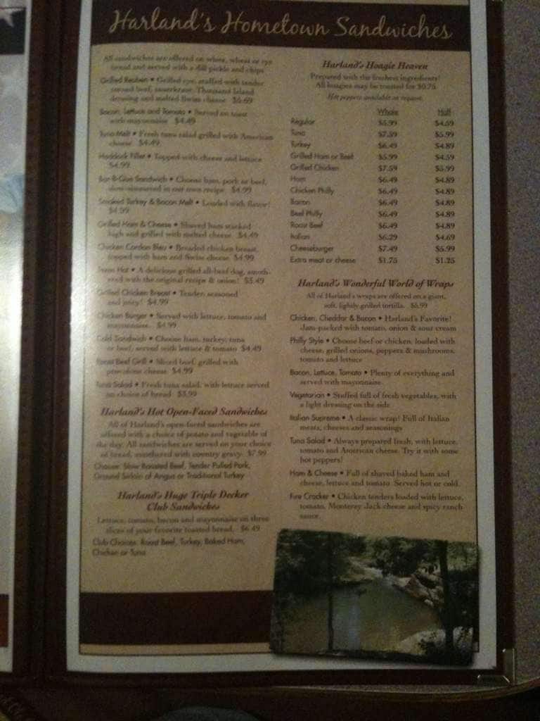 Menu at Harland's restaurant, Wellsboro